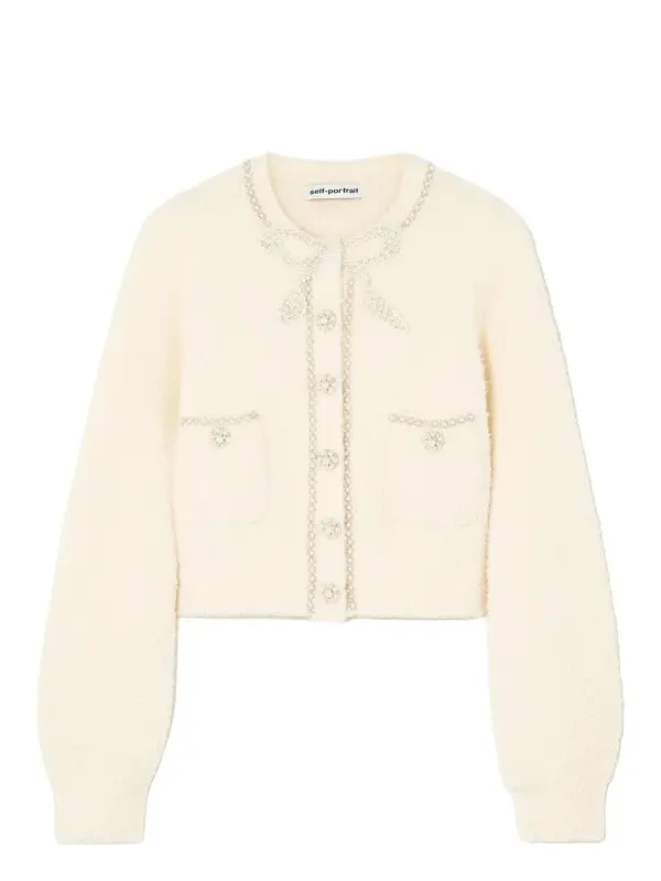 SELF-PORTRAIT Cropped Embellished Cardigan - Neutrals