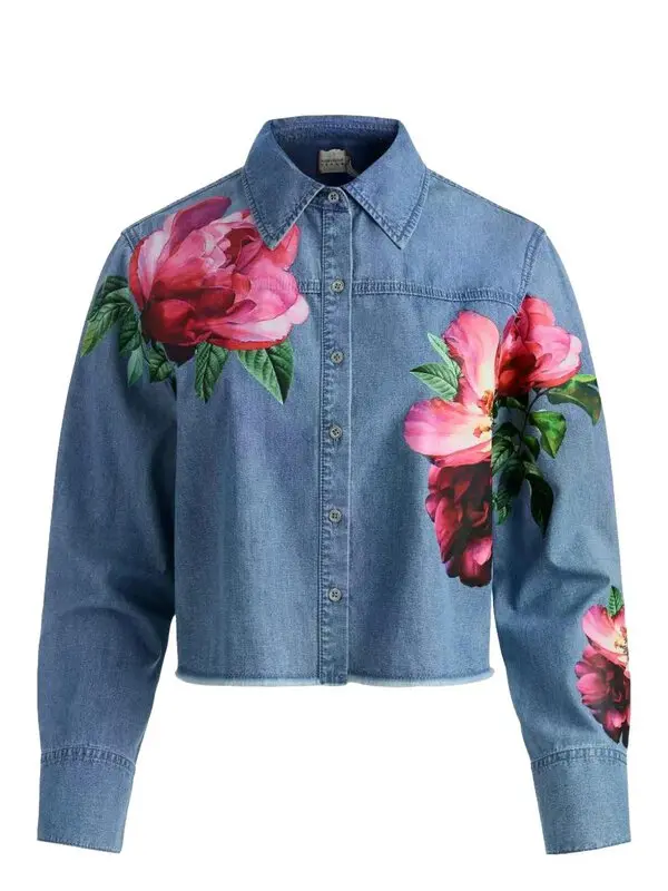 Alice + Olivia Floral Cropped Denim Shirt - Blue