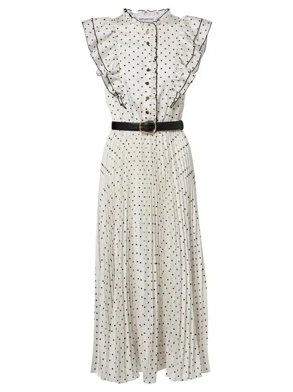 SELF-PORTRAIT Belted Polka Dot Pleated Midi Dress - White