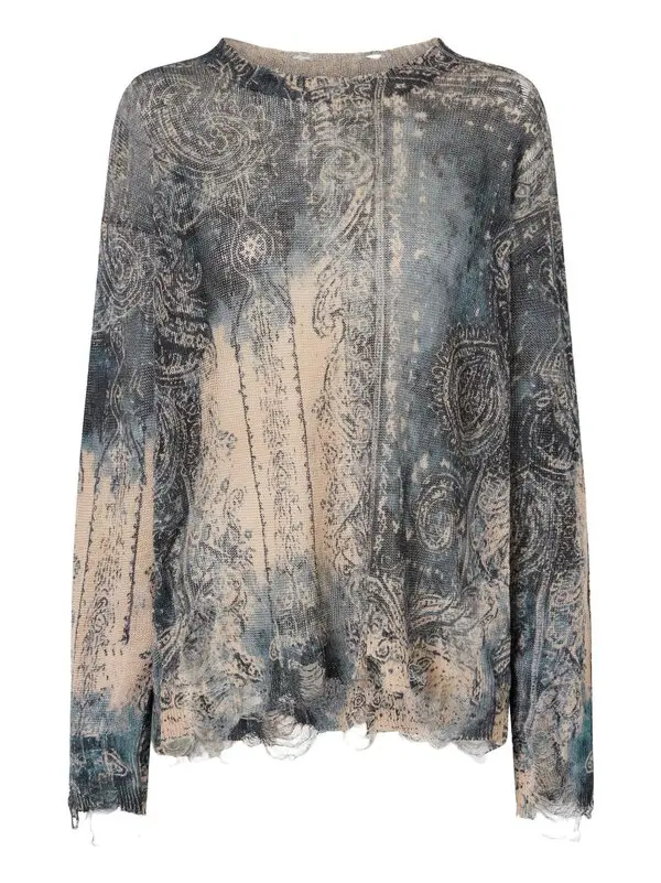 R13 Boyfriend Distressed Printed Linen Knit Sweater - Blue
