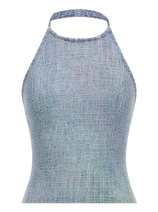 SELF-PORTRAIT Rhinestone Croc-effect Denim Mini Dress - Blue