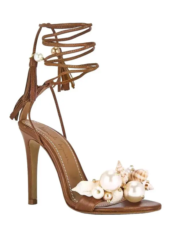 ALAMEDA TURQUESA Nassau Leather Tie-up Sandals With Pearl And Shell Embellishments - Brown