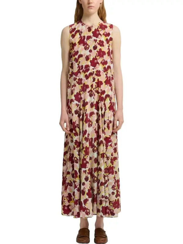 Marni Floral Pleated Silk Maxi Dress - Red