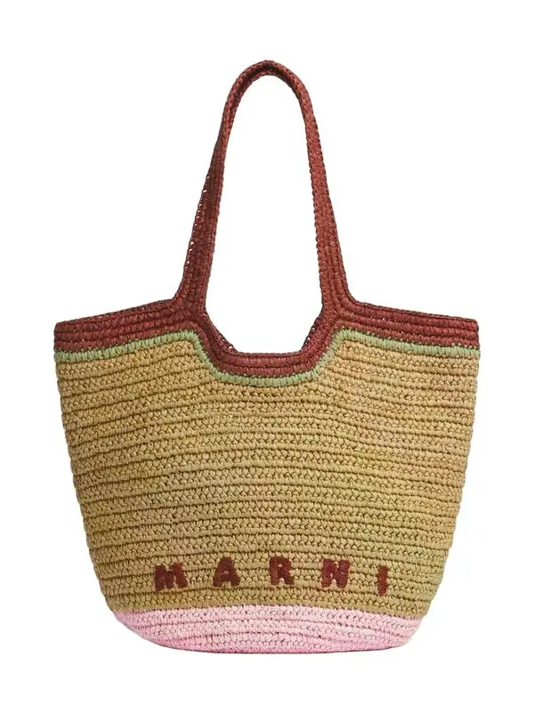 Marni Raffia-effect Logo Embroidered Shoulder Bag - Neutrals