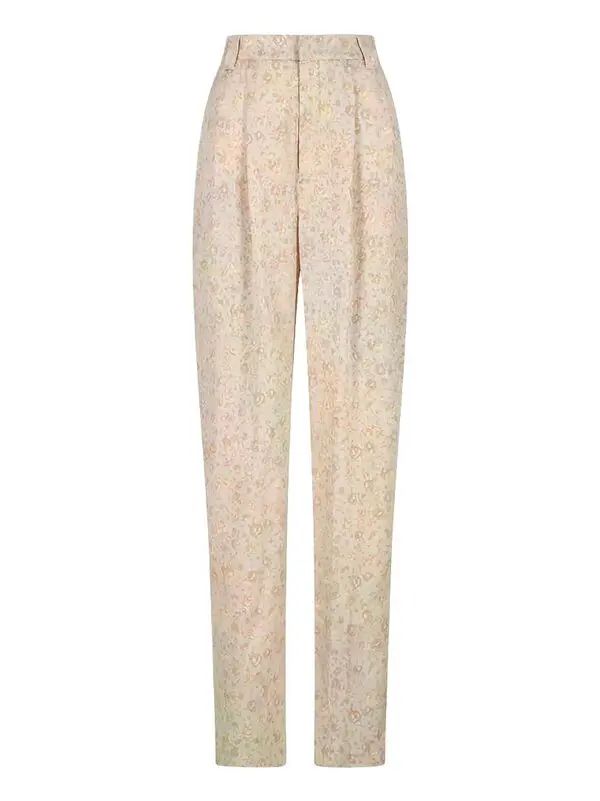 Alessandra Rich Cream Floral Print Pleated Silk Trousers - Neutrals