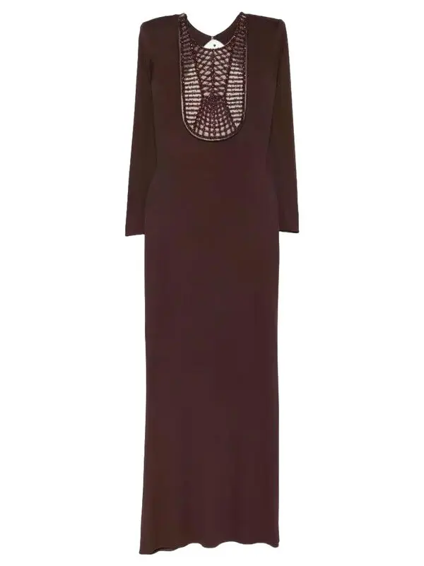 Elisabetta Franchi Long Sleeve Maxi Dress With Geometric Embellishment - Brown