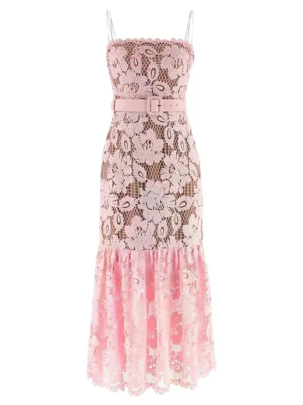 SELF-PORTRAIT Square Neck Lace Midi Dress With Belt - Pink