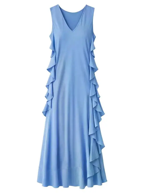 NOUVELLE SILK95FIVE Ruffled V-neck Midi Dress - Blue