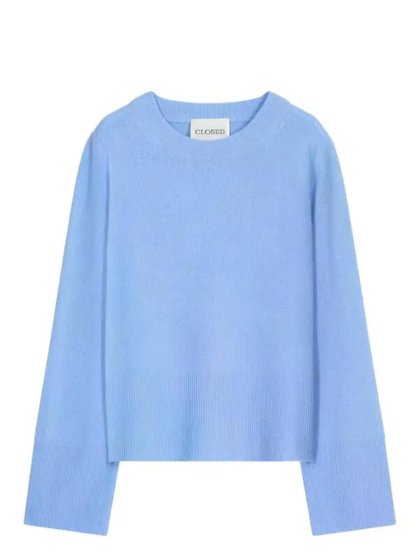 Closed Ribbed Detail Lambswool Crew Neck Sweater - Blue