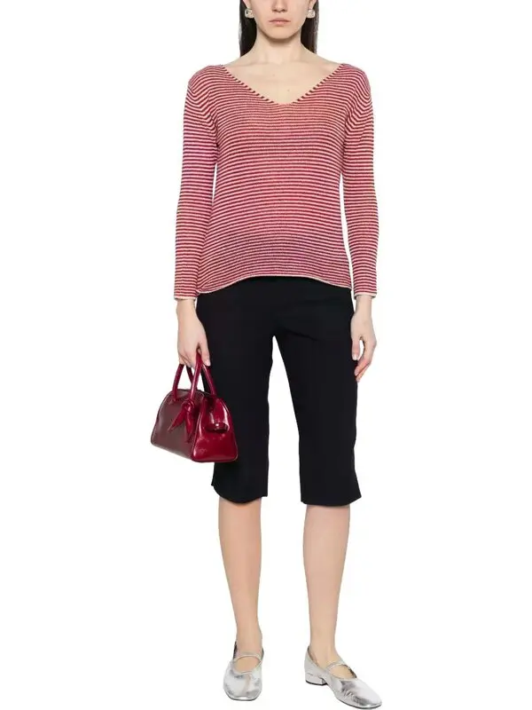 BEYOU Striped V-neck Sweater - Red