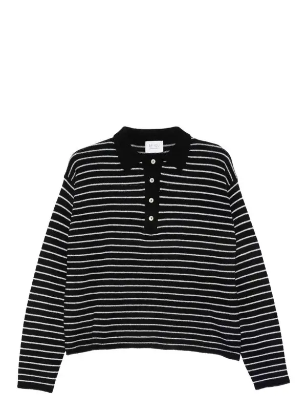 BEYOU Striped Polo Shirt With Pointed Collar - Black