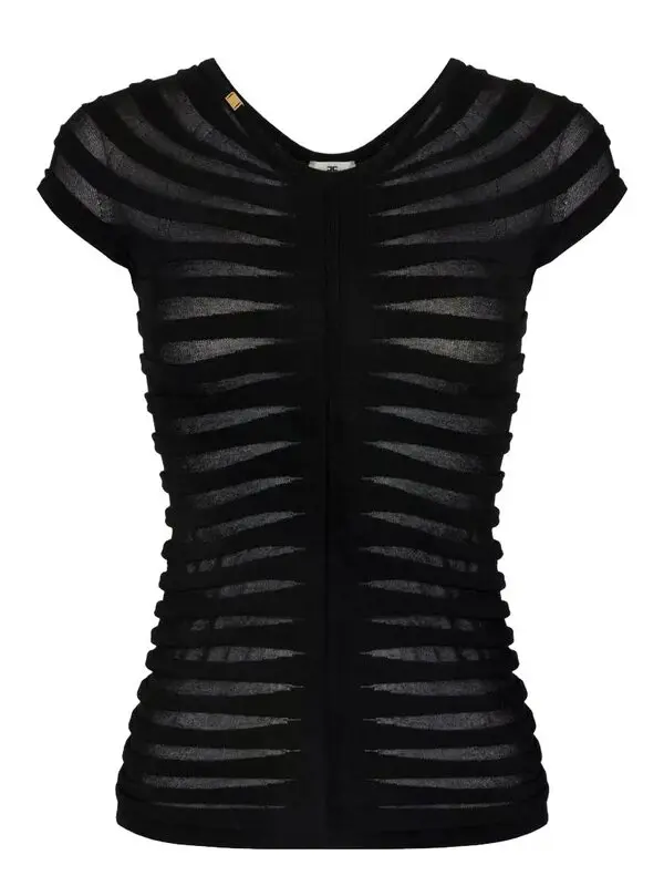 Elisabetta Franchi Ribbed Short Sleeve Top With Golden Logo Detail - Black