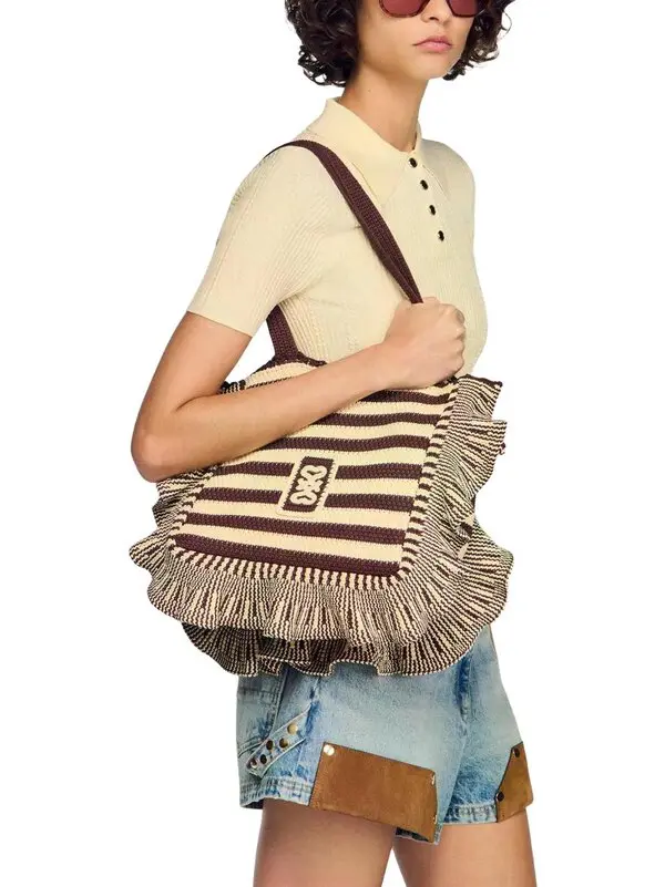 Sandro Striped Ruffled-detail Tote Bag - Brown