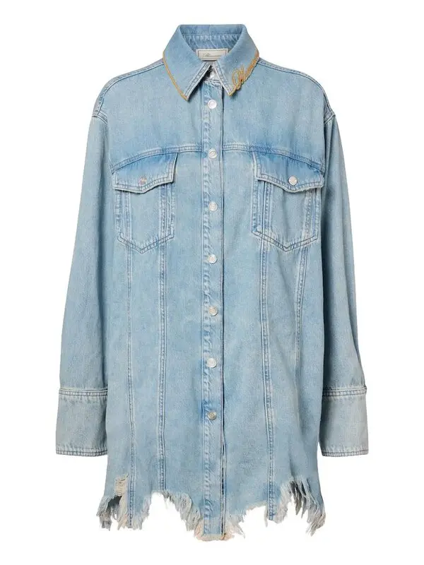 Blumarine Embroidered Distressed Denim Overshirt - Blue