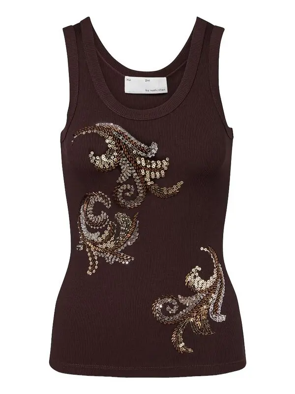 XU ZHI Ribbed-knit Sequin Embellished Tank Top - Brown