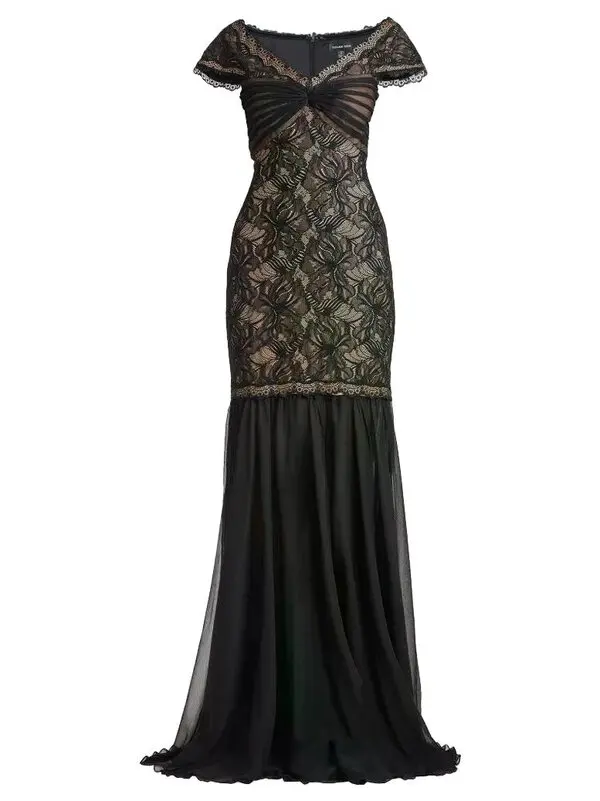 Tadashi Shoji Lace Striped V-neck Gown - Black