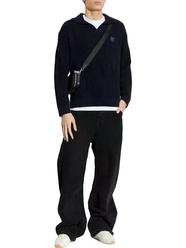 Maison Kitsuné Logo-embroidered V-neck Sweater - Blue