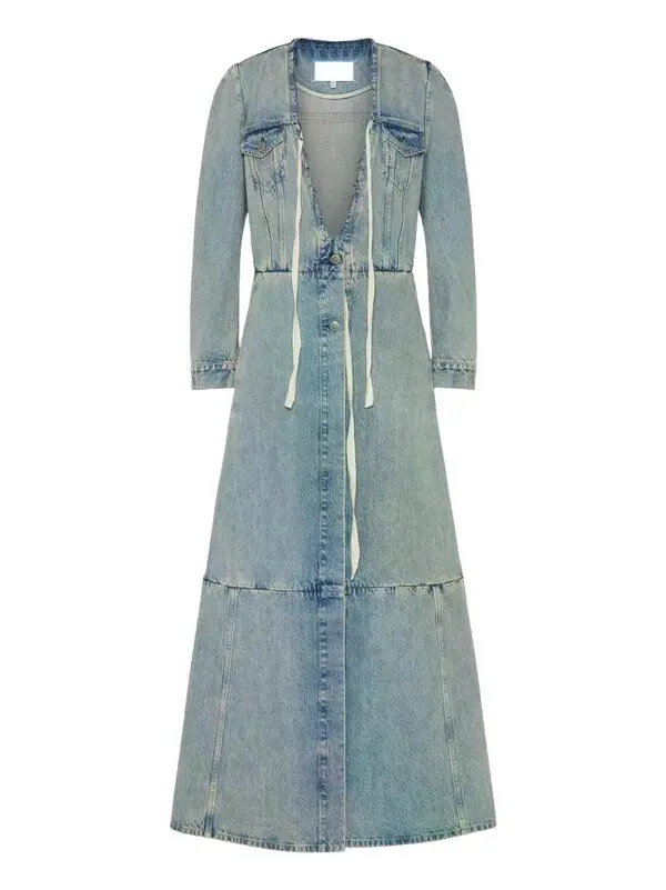 MAISON MARGIELA Maxi Length Denim Coat With Patchwork And Tie Detail - Blue