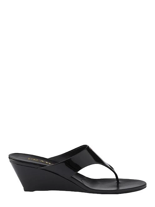 Prada Thong Patent Leather Wedge Sandals - Black