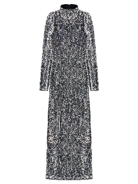 RO&ZO Astrid Long-sleeved Sequin-embellished Maxi Dress - Silver