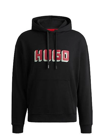 Hugo Logo-print Relaxed-fit Cotton Hoodie - Black