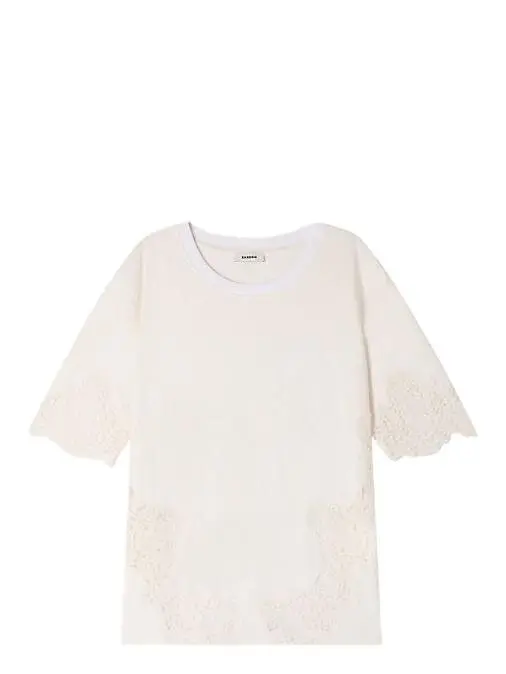 Sandro Lace Detail Cotton T-shirt - Ecru