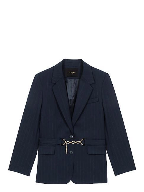 Maje Pinstripe Chain-embellished Wool-blend Suit Jacket - Navy