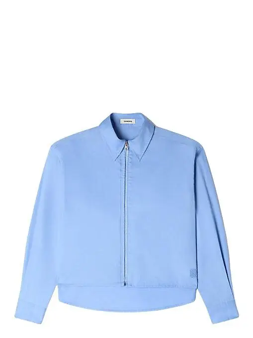 Sandro Cropped Zip-up Cotton Shirt With Logo Embroidery - Blue