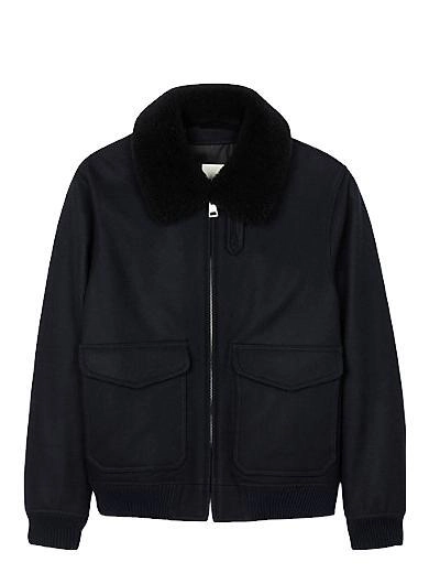 Sandro Shearling-collar Wool-blend Aviator Jacket - Navy Blue