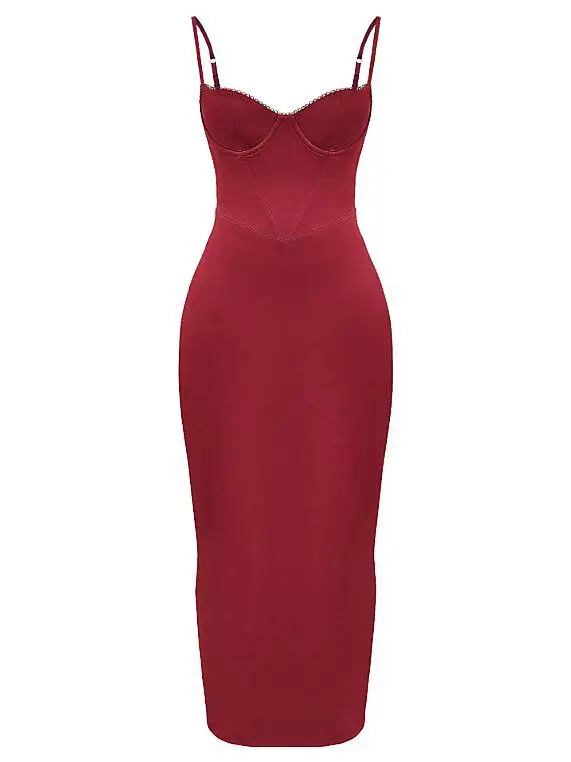 House Of Cb Stefania Fitted Satin Maxi Dress - Ruby