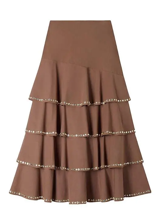 Sandro Embellished Tiered Cotton Maxi Skirt - Brown