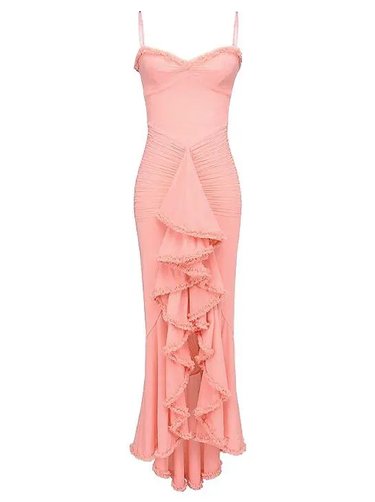 House Of Cb Gabbi Ruffled-front Slim-fit Stretch-mesh Maxi Dress - Peach