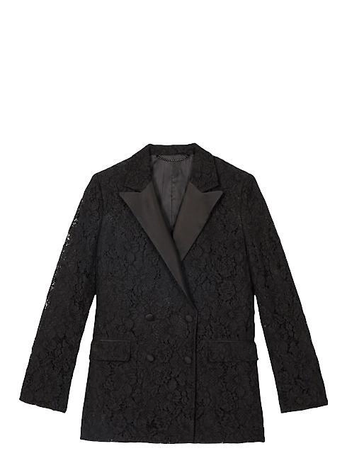 The Kooples Lace Embroidered Notched Lapel Woven Blazer - Black