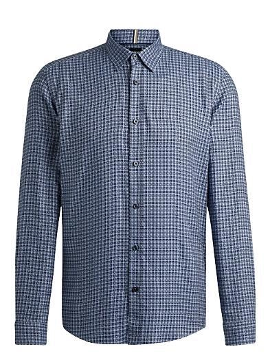BOSS Regular-fit Geometric-print Chambray Shirt - Navy