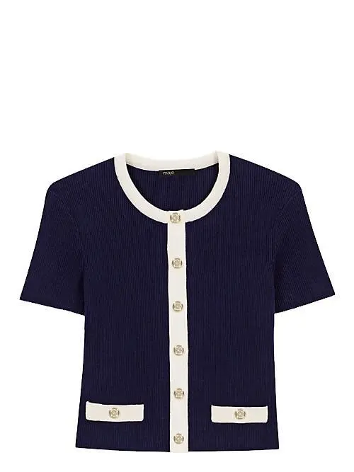 Maje Short-sleeved Contrast Trim Knitted Cardigan - Bleus