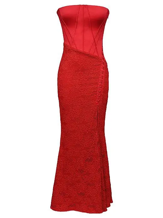 House Of Cb Valerie Strapless Satin And Lace Maxi Dress - Red