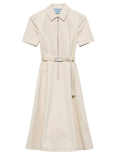 Prada Cotton Midi Dress With Logo Belt - Neutral