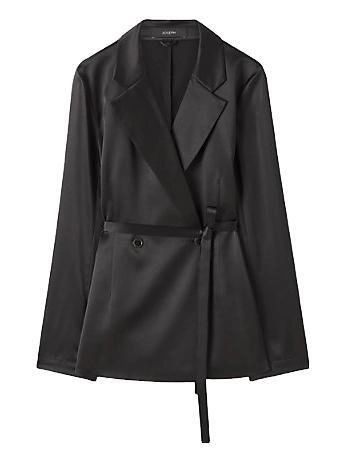 JOSEPH Belted Double-breasted Silk Blazer - Black