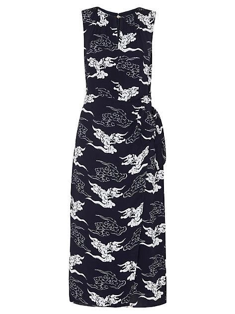 Whistles Cloud-print Tie-waist Woven Midi Dress - Navy/multi