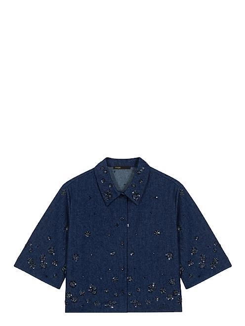 Maje Bead-embellished Cropped Denim Shirt - Navy