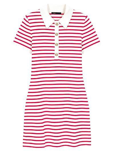 Maje Striped Polo-collar Cotton-blend Mini Dress - Red