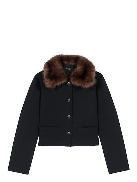Maje Short Removable-collar Stretch Wool-blend Jacket - Black