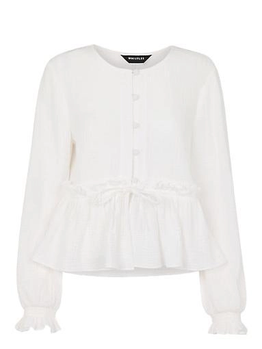 Whistles Button-down Peplum Hem Cotton Blouse - White