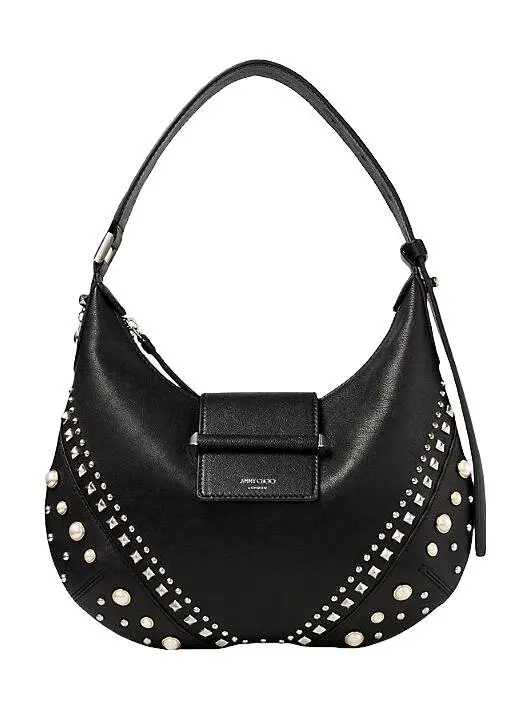 JIMMY CHOO Small Leather Shoulder Bag With Embellishments - Black/ivory/antique