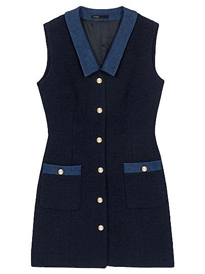 Maje Denim-trim Sleeveless Tweed Mini Dress - Navy