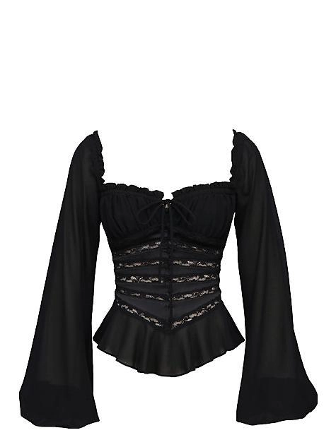 House Of Cb Cara Long-sleeve Georgette Peplum Top - Black