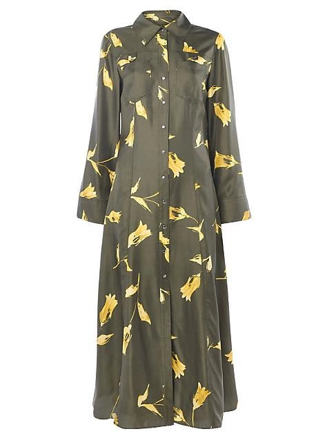 Whistles Floral Print Silk Midi Shirt Dress - Green/multi