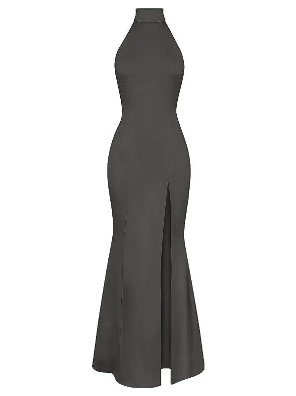 House Of Cb Juliette Halter-neck Split-hem Stretch-woven Maxi Dress - Shadow