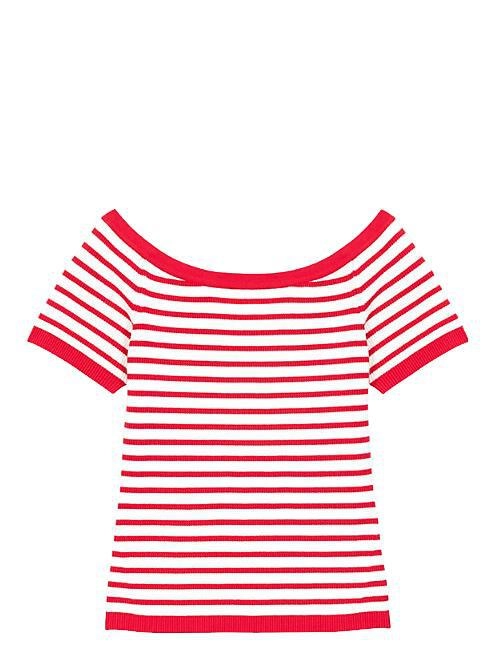 Maje Striped Boat Neck Cotton Blend Top - Red