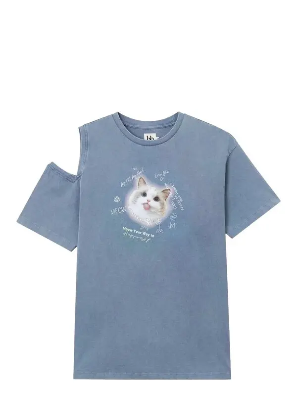 B+AB Printed T-shirt With Cold Shoulder - Blue
